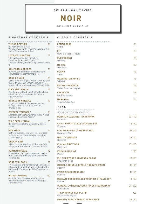 Explore the Noir Kitchen & Cocktails Restaurant Menu in Nashville ...